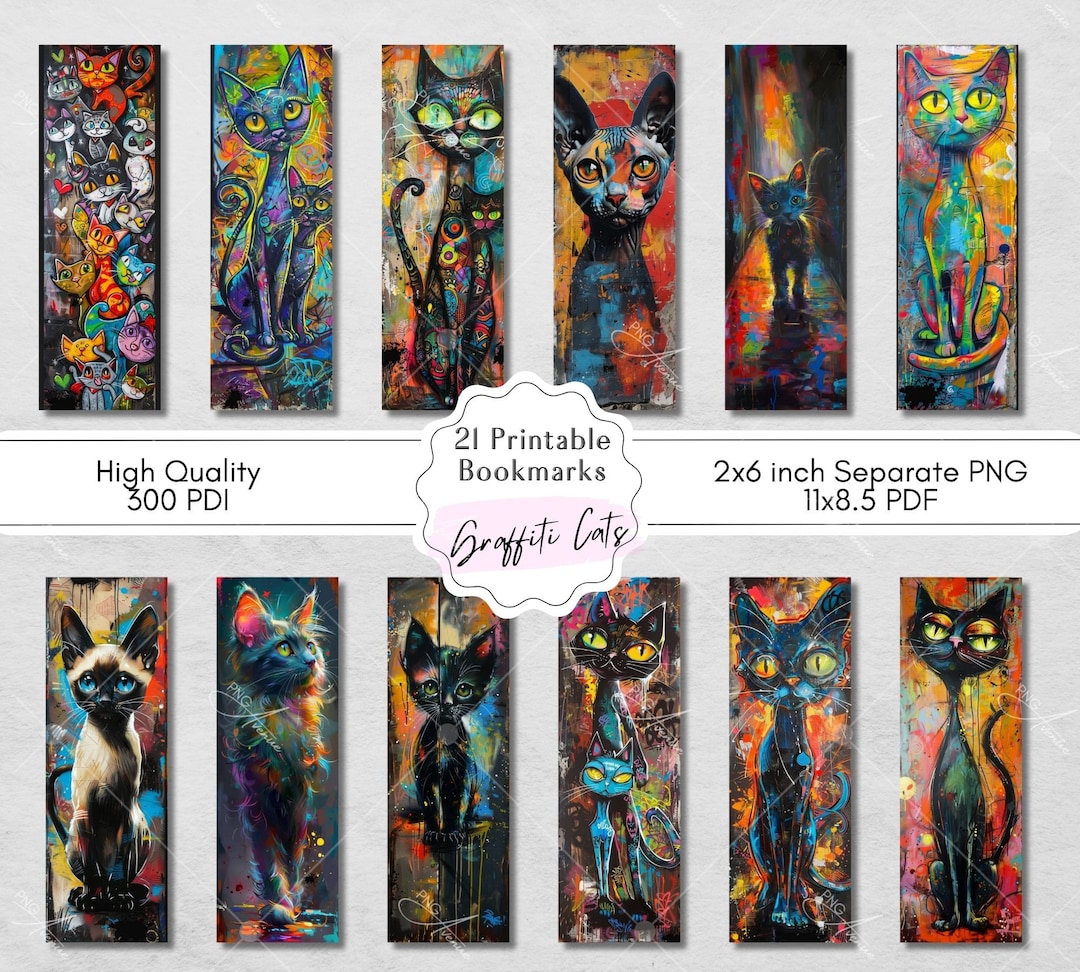 Graffiti Cats Printable Bookmarks, Book Lovers Designs, Digital Letter ...