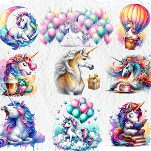 Party Time Unicorn Watercolor Clipart, Adorable Unicorns, Unicorn Png ...