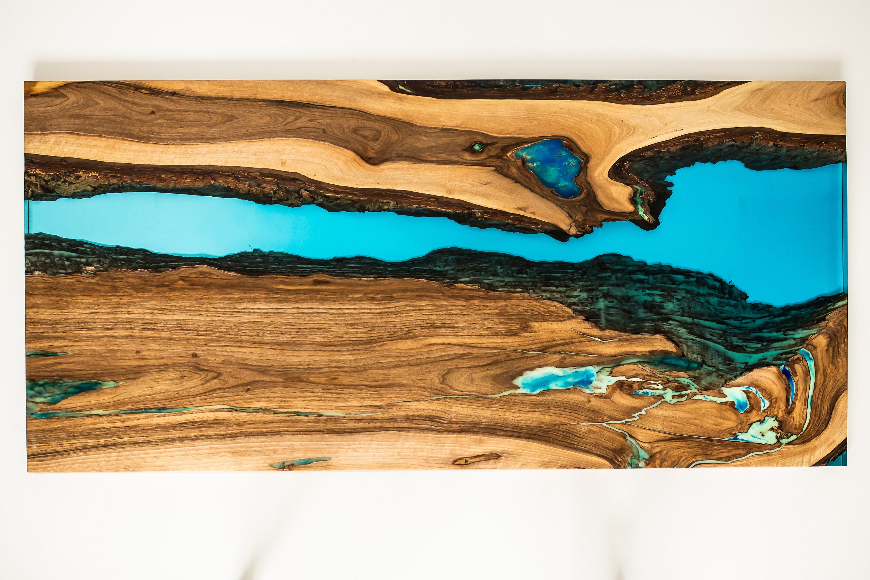 Live Edge River Dining Table With Turquoise Glowing Resin 3D Effect ...