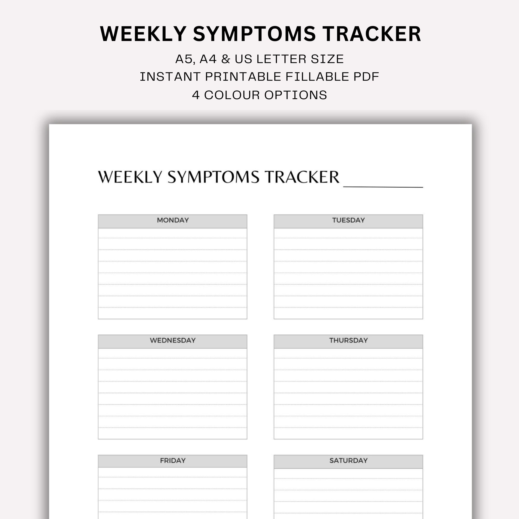 Weekly Symptoms Tracker Printable, Medical Planner, Medical Log ...