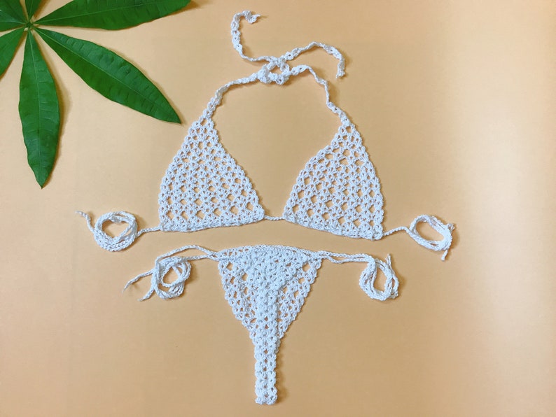 Hand Crochet Bikini Top Bottom Microkini Thong Boho Monokini Etsy