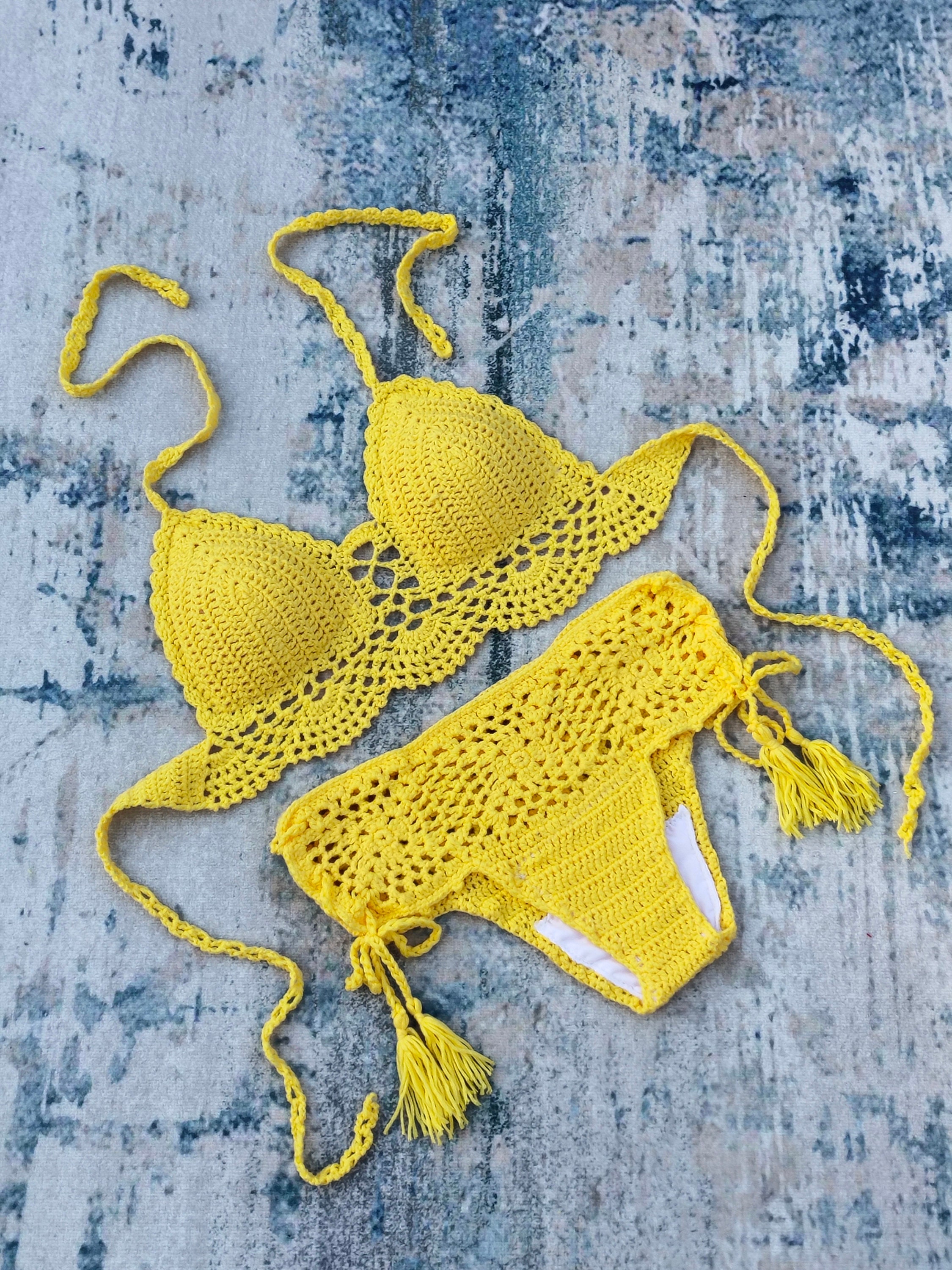 Hand Crochet Bikini Lace Top And Tassel Tie Rope High Waist Etsy