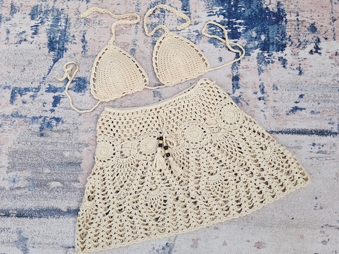 Women's Summer Beach 2-piece Set Bikini Hand Crochet Woven Top and A ...