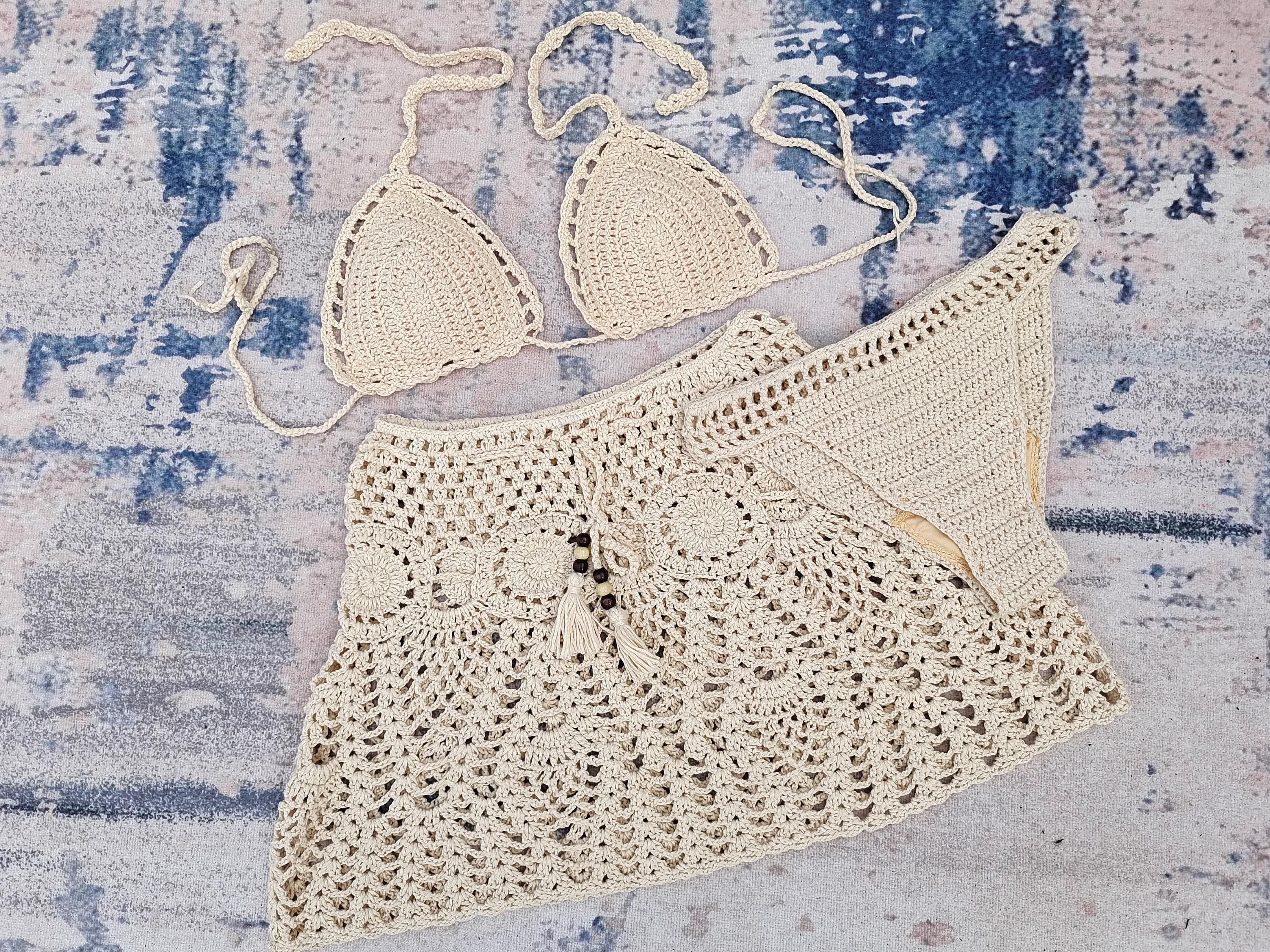 Woven Summer Beach Bikini 3-piece Set Hand Crochet Top - Etsy