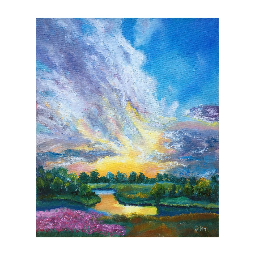 Medow Painting Sunset Artwork Light Blue Sky Art Field of Flower Art ...