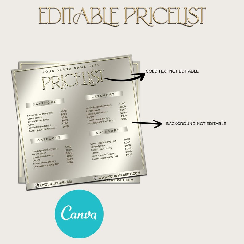 Editable Gold Pricelist Template, DIY Pricelist, Instant Download ...