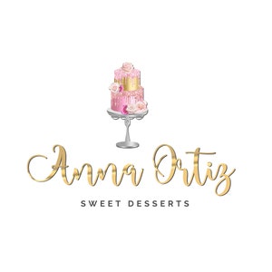 Watercolor Glittery Cake Logo Design, Gold and Pink Metallic Cake Logo ...