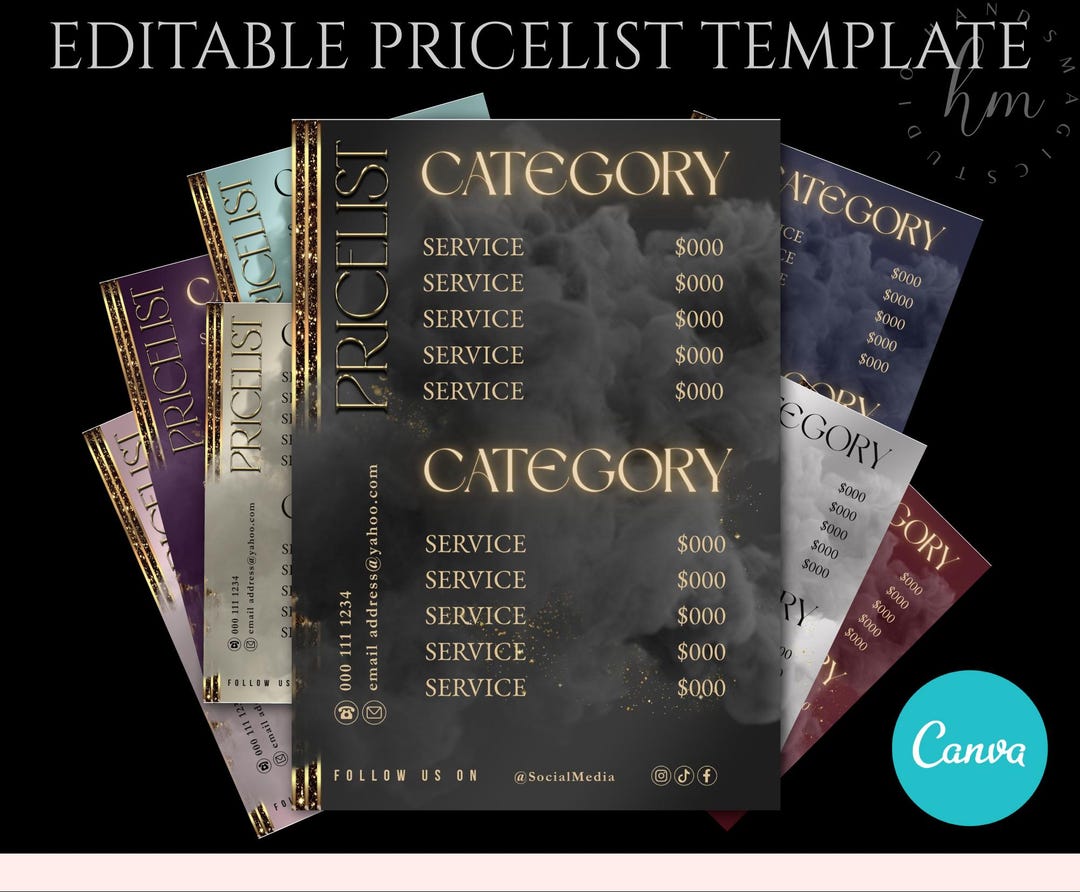 Editable Pricelist Template in 8 Colors, DIY Pricelist, Instant ...