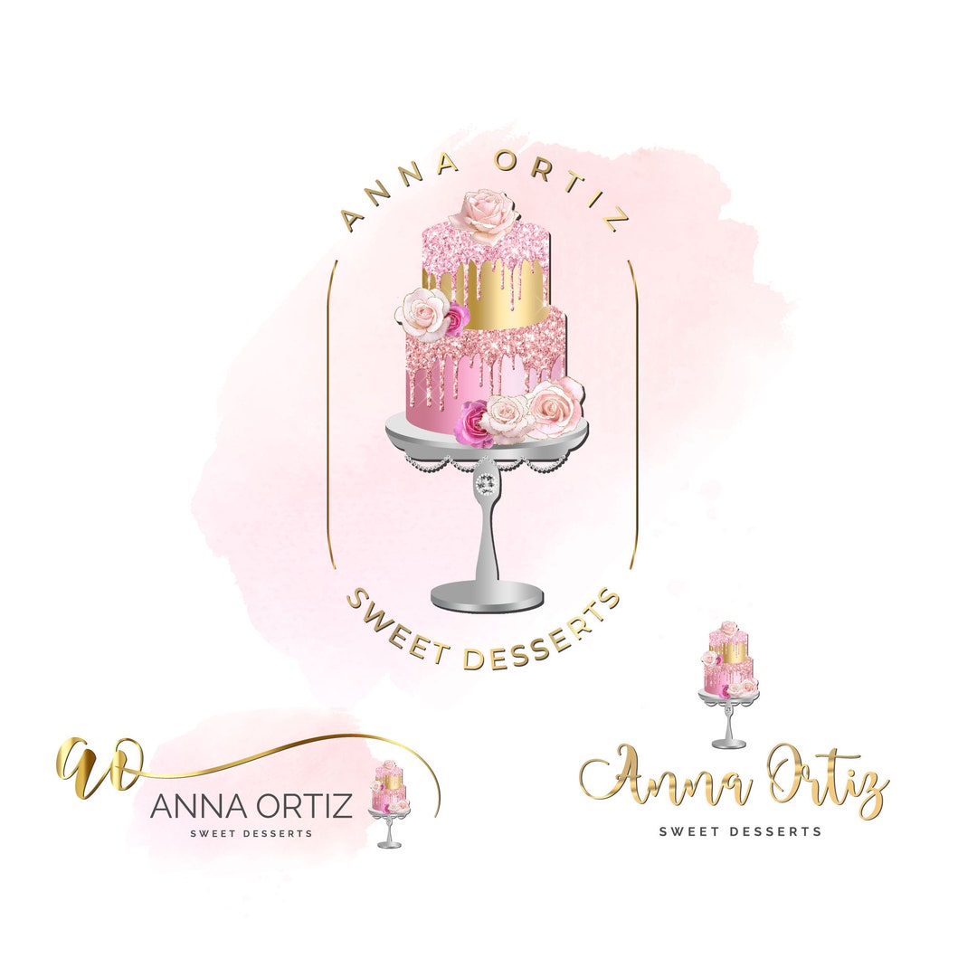 Watercolor Glittery Cake Logo Design, Gold and Pink Metallic Cake Logo ...