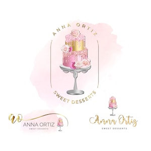 Watercolor Glittery Cake Logo Design, Gold and Pink Metallic Cake Logo ...