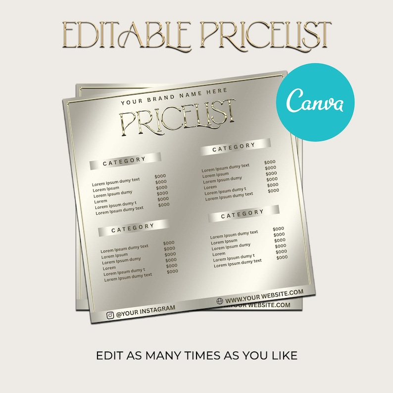 Editable Gold Pricelist Template, DIY Pricelist, Instant Download ...