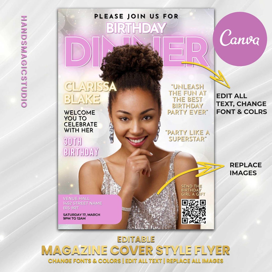 Editable Lilac and Silver Magazine Cover Style Flyer, Birthday Dinner ...
