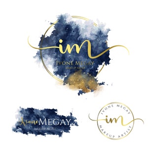 Premade Blue and Gold Logo Design, Watercolor Logo Design, Beauty Logo ...