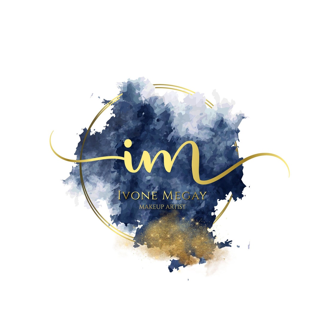 Premade Blue and Gold Logo Design, Watercolor Logo Design, Beauty Logo ...