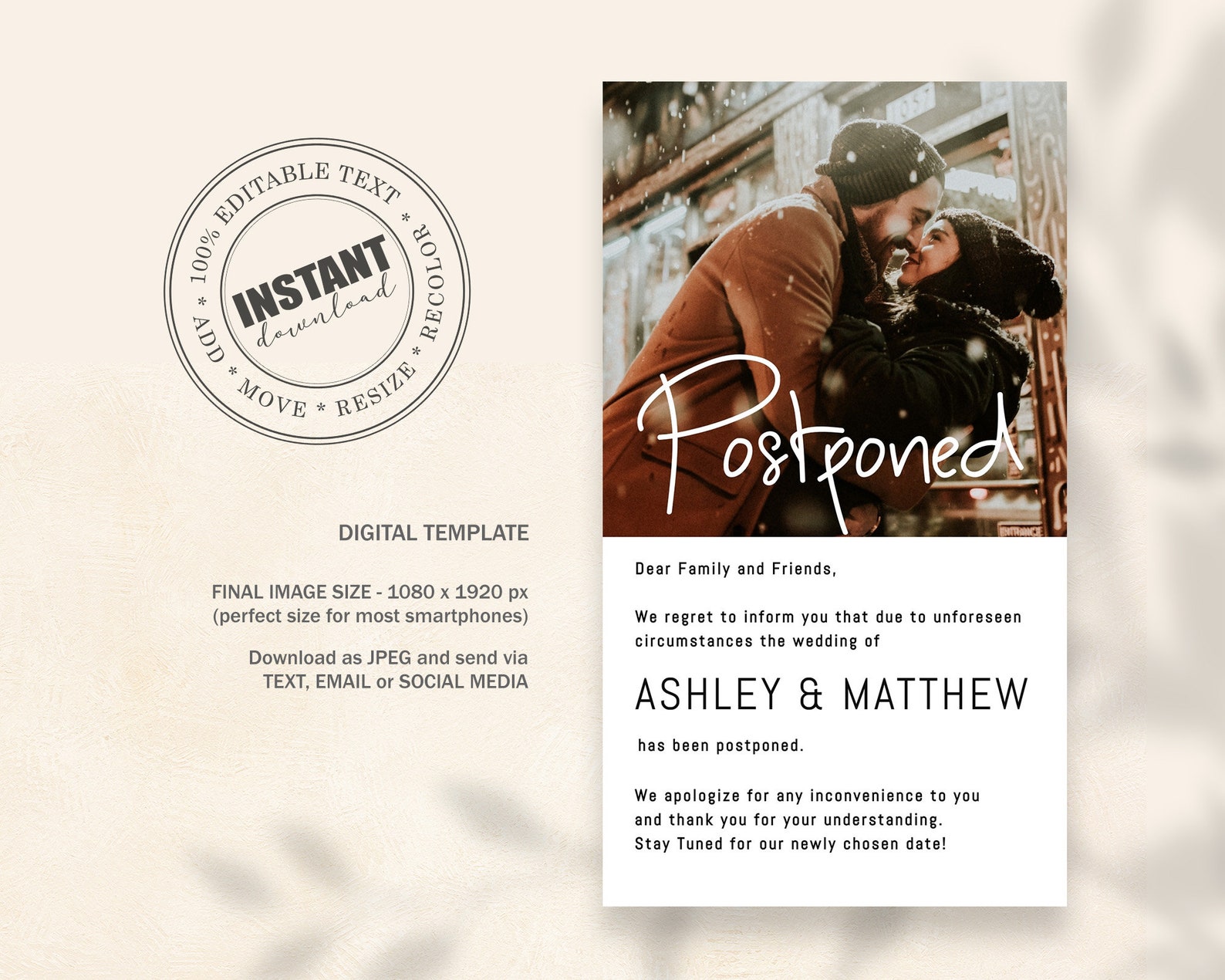 Wedding Postpone Announcement Template Photo Change the Date - Etsy