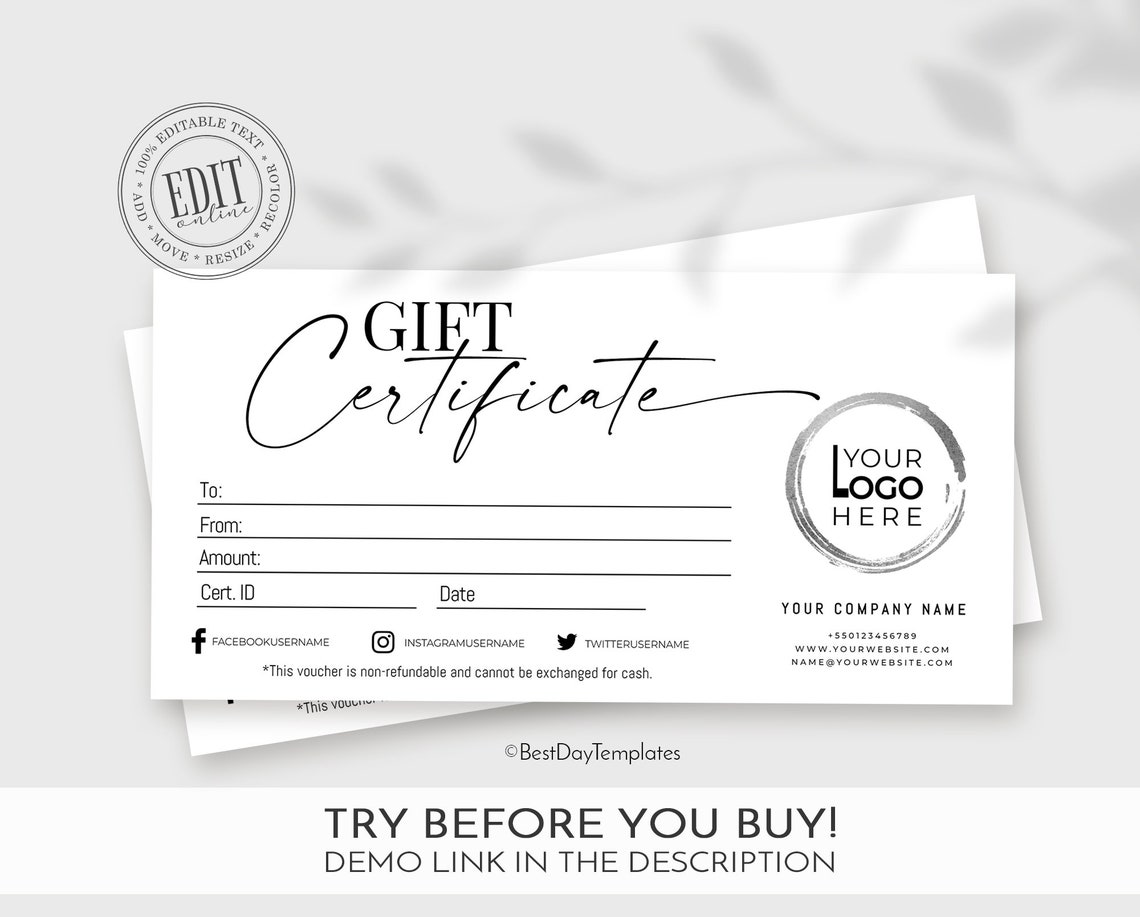 Modern Gift Certificate Template, Editable Gift Card Template With Logo ...