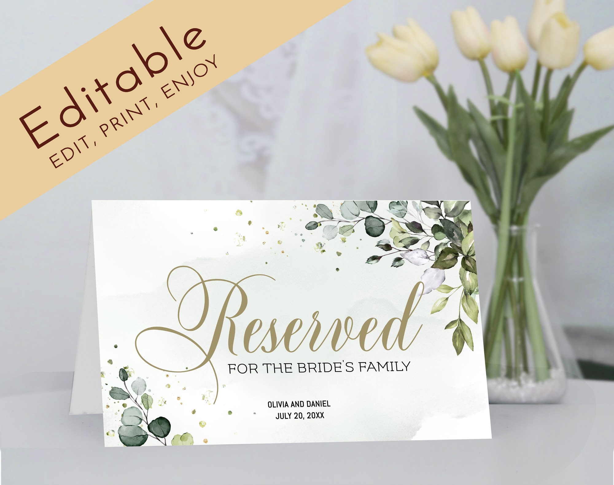 Eucalyptus Reserved Sign With Gold Calligraphy Editable | Etsy