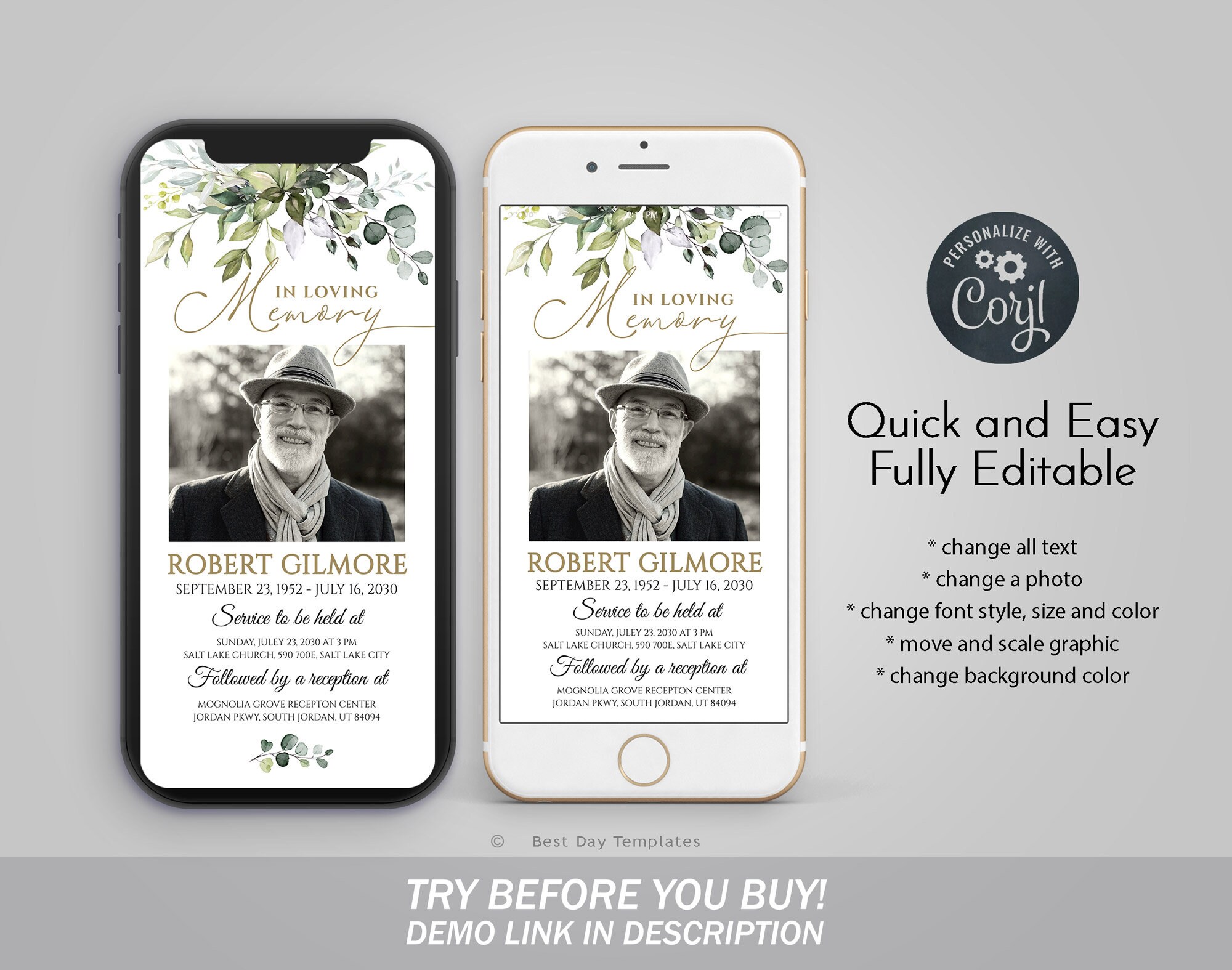 Electronic Funeral Evite With Greenery Leaves Funeral - Etsy