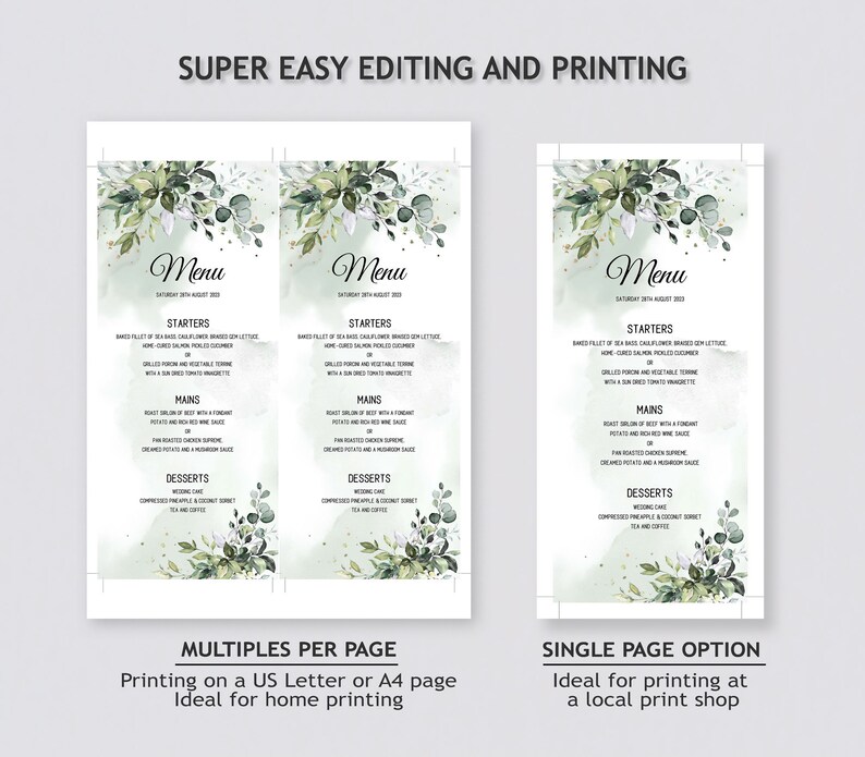 Printable Menu Template, Boho Greenery Menu With Watercolor Eucalyptus ...
