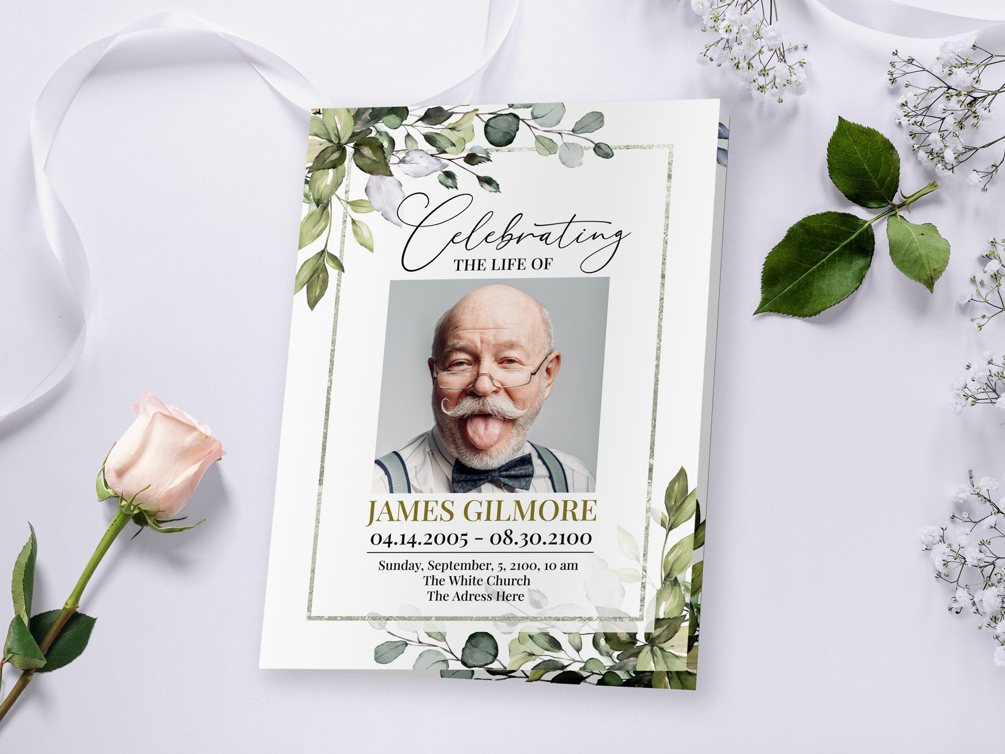 Greenery Funeral Program Template With Eucalyptus Leaves, Floral ...