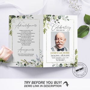 Greenery Funeral Program Template With Eucalyptus Leaves, Floral ...