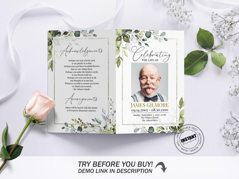 Greenery Funeral Program Template With Eucalyptus Leaves, Floral ...
