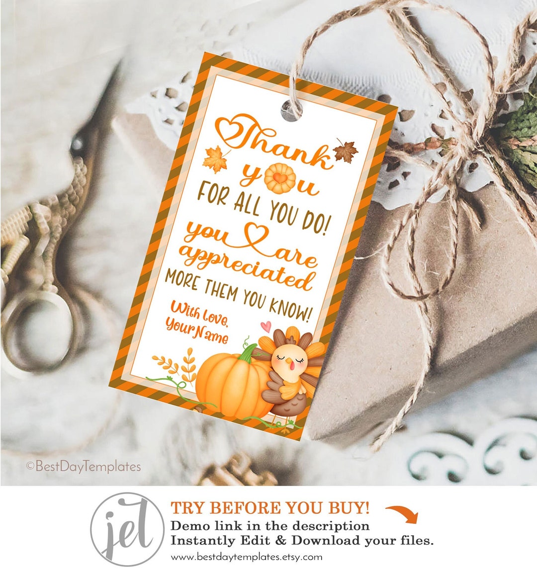 Fall Thank You Tag, Thank You for All You Do Tag, Thanksgiving Tags ...