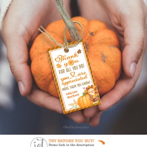 Fall Thank You Tag, Thank You for All You Do Tag, Thanksgiving Tags ...