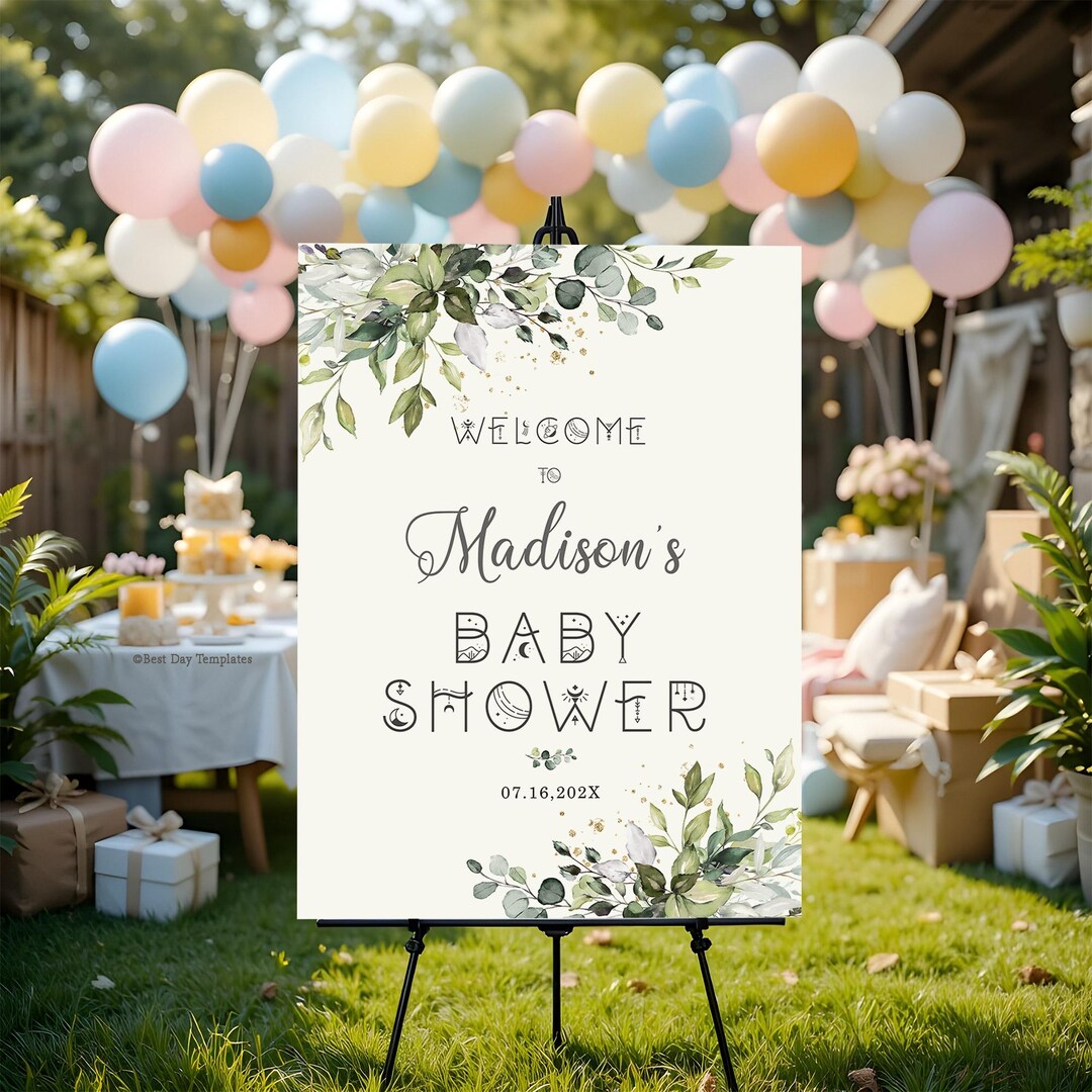 Editable Greenery Baby Shower Welcome Sign Template, Baby Boy Girl ...