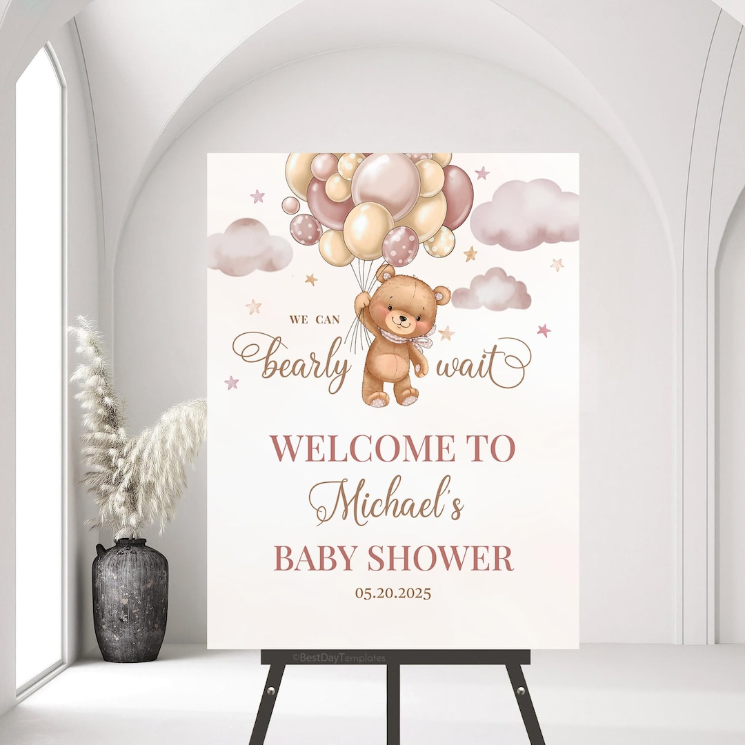 Editable Gender Neutral Bear Baby Shower Welcome Sign Template, Brown ...