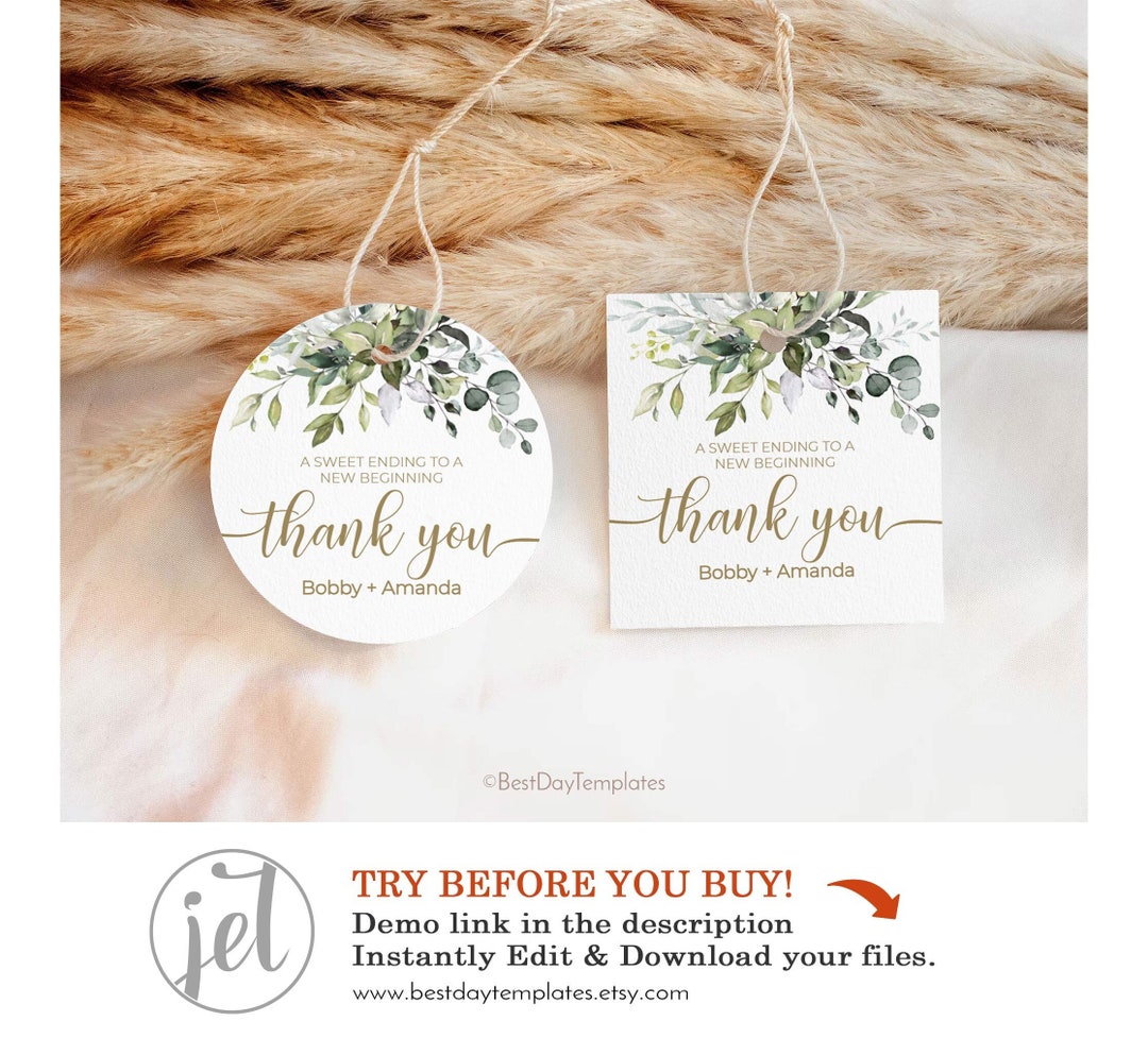 Wedding Thank You Tag Template, Greenery Eucalyptus With Gold ...