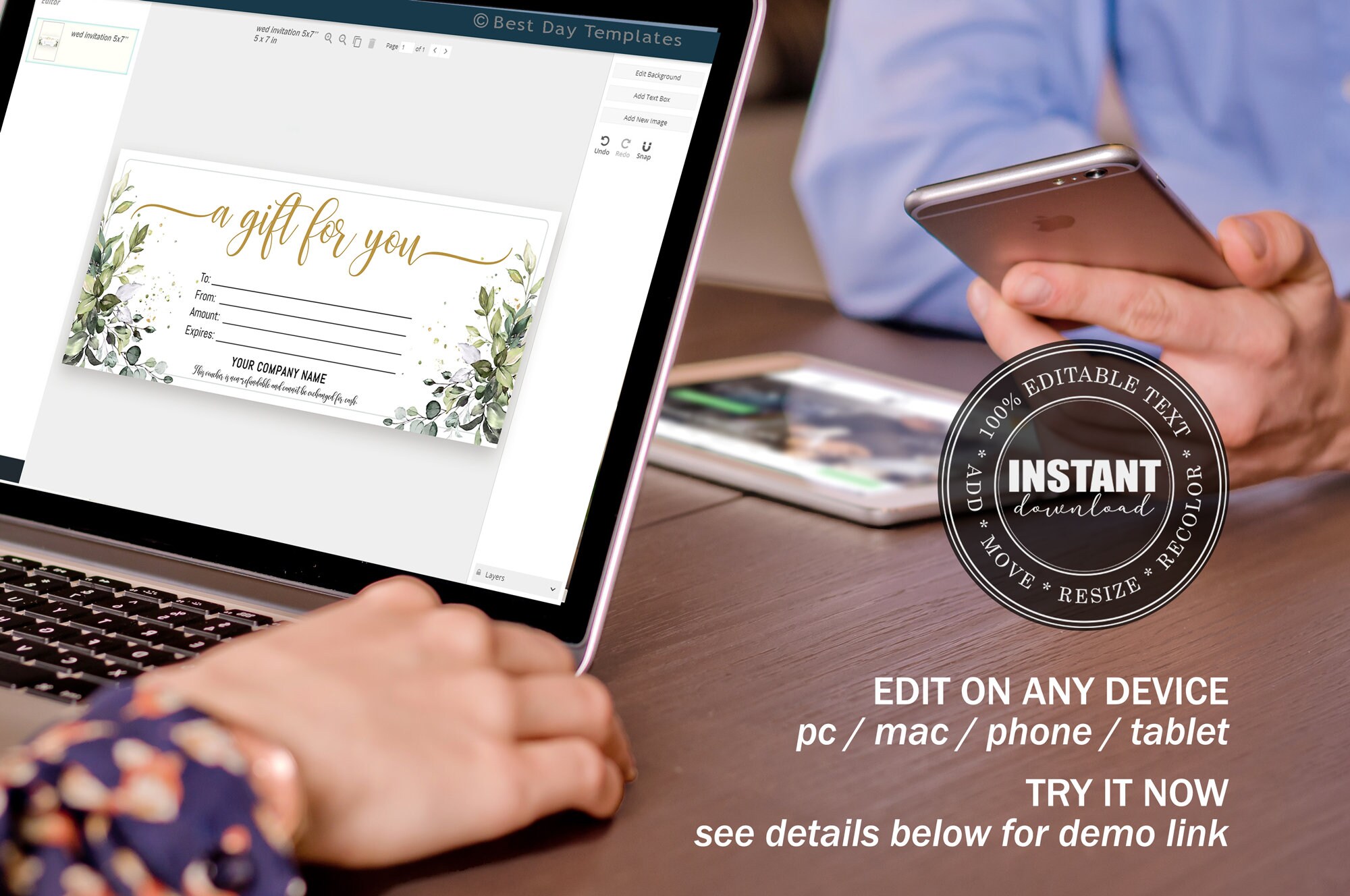 Greenery Gift Card With Gold Calligraphy Editable Gift Card | Etsy