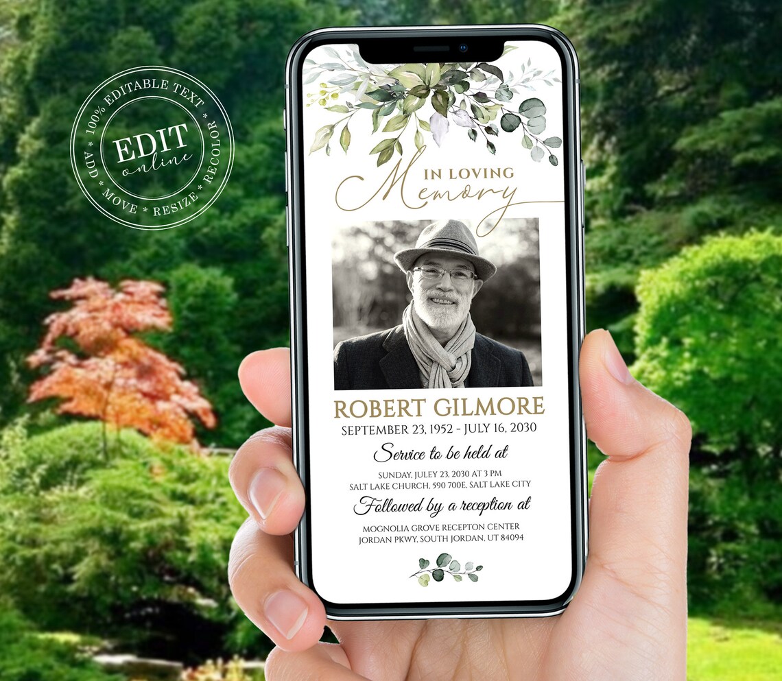 Electronic Funeral Evite With Greenery Leaves, Funeral Announcement ...
