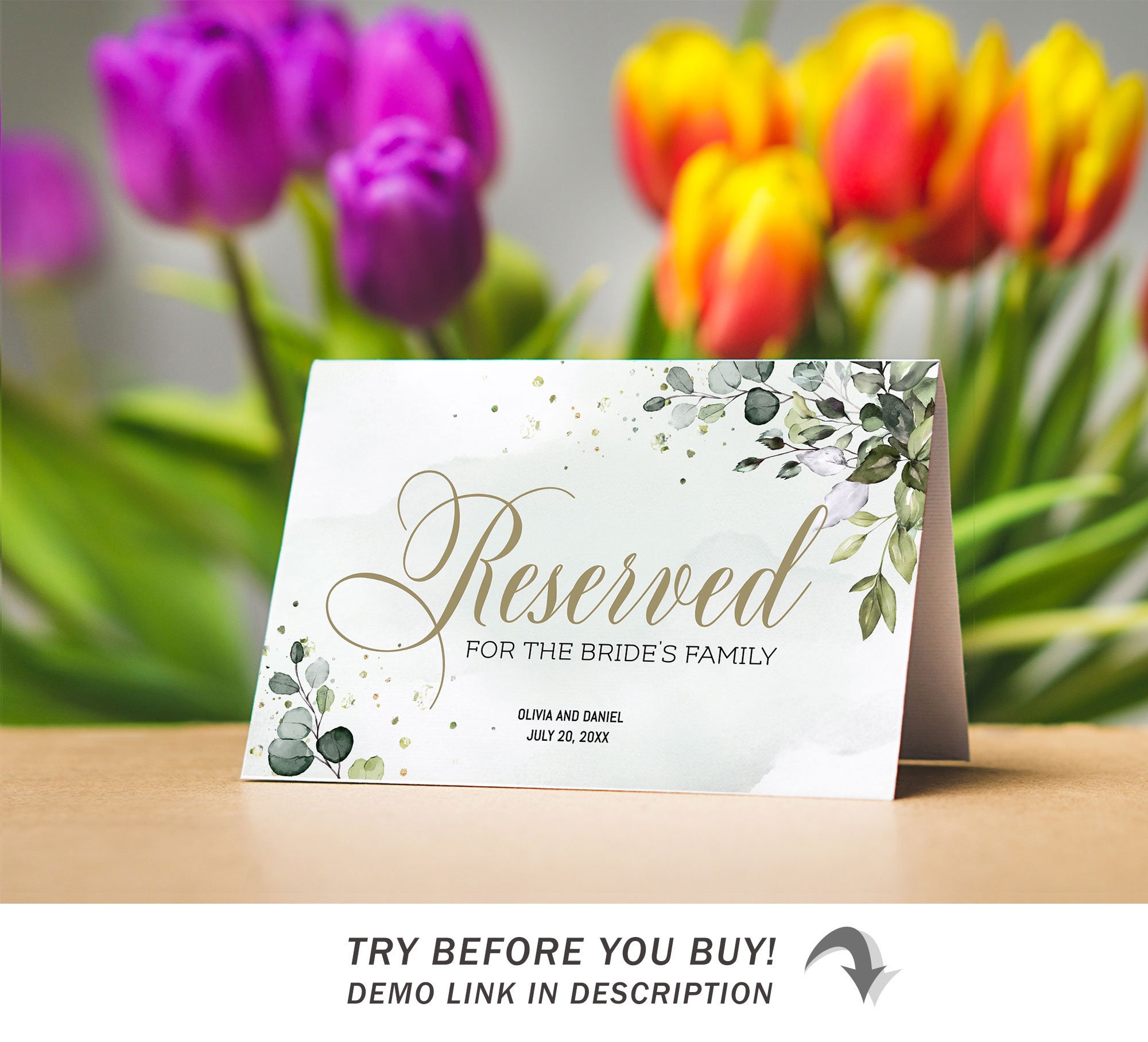 Eucalyptus Reserved Sign With Gold Calligraphy Editable | Etsy