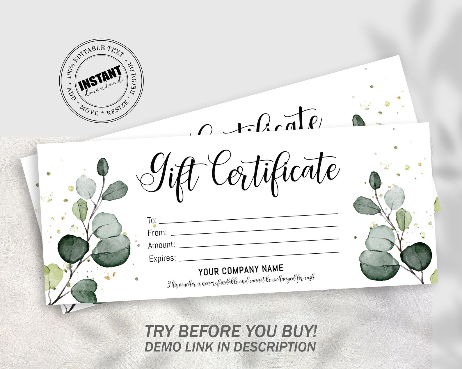 Boho Greenery Gift Certificate Template Editable Gift Card | Etsy