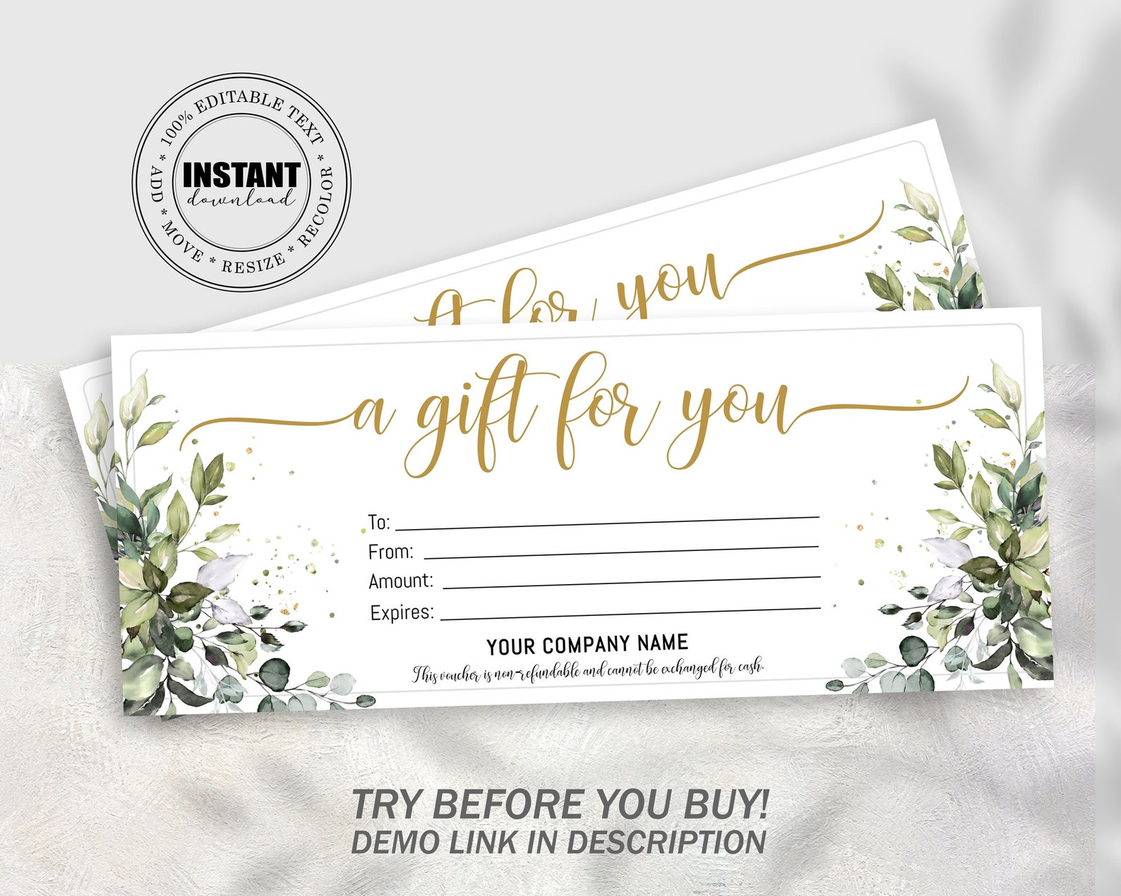 Greenery Gift Card With Gold Calligraphy Editable Gift Card | Etsy