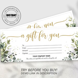 Greenery Gift Card With Gold Calligraphy, Editable Gift Card Design for ...