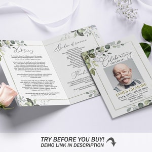 Greenery Funeral Program Template With Eucalyptus Leaves, Floral ...