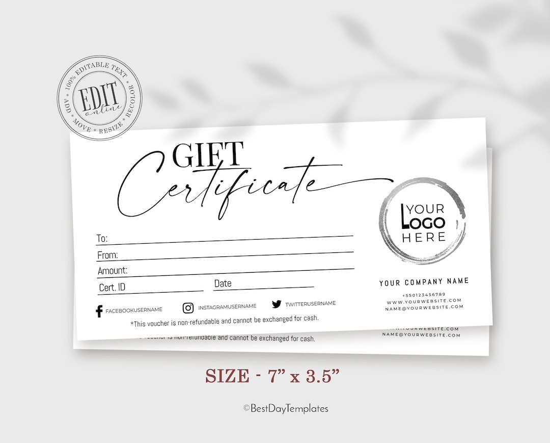 Modern Gift Certificate Template, Editable Gift Card Template With Logo ...