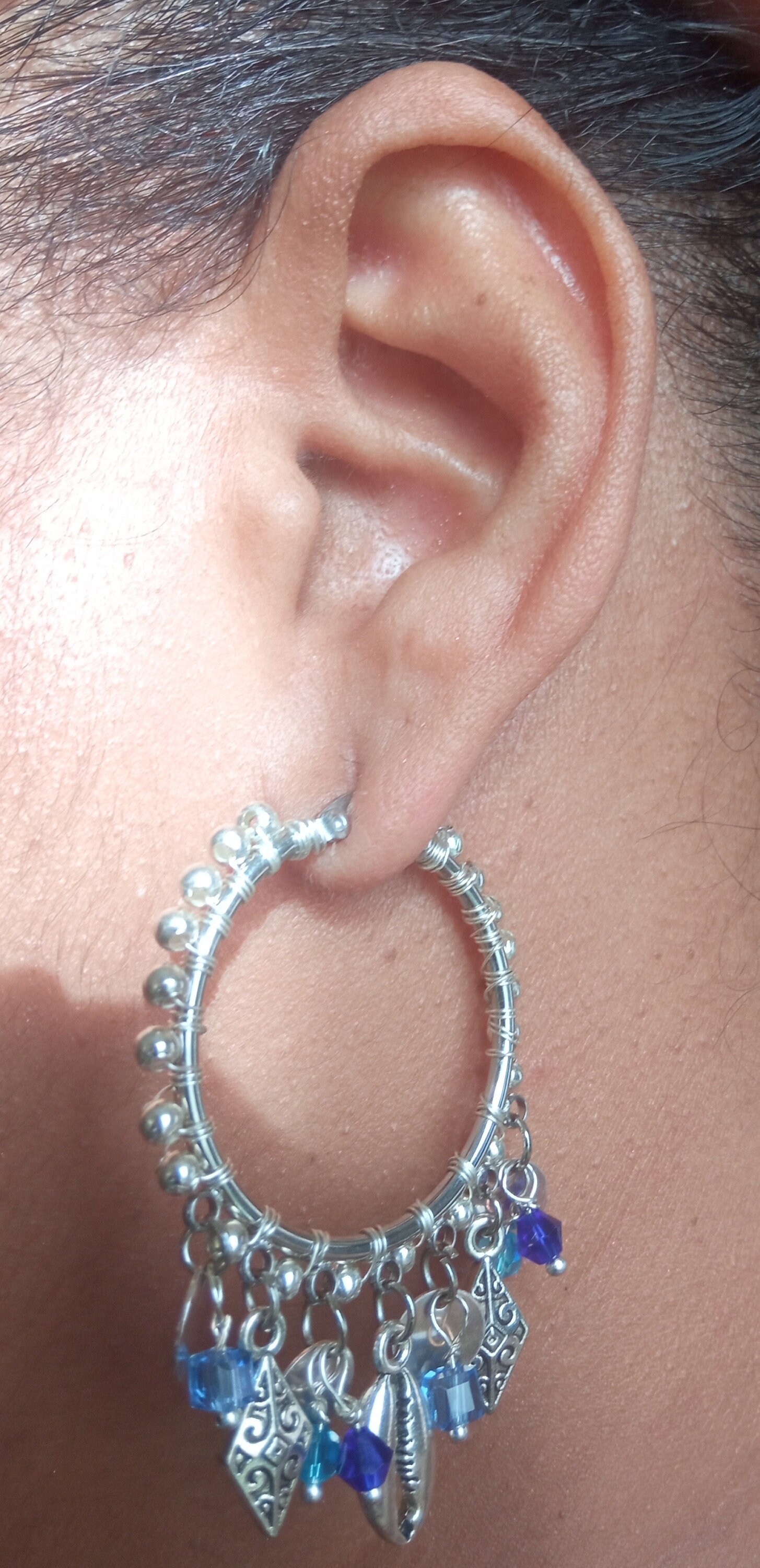 Creole Rings Sequin Charm Earrings, Cowrie Shells, Silver Beads, Blue ...