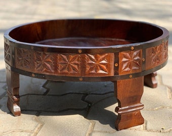 Wooden Indian Chakki Grinder Table Engraved Distressed - Etsy