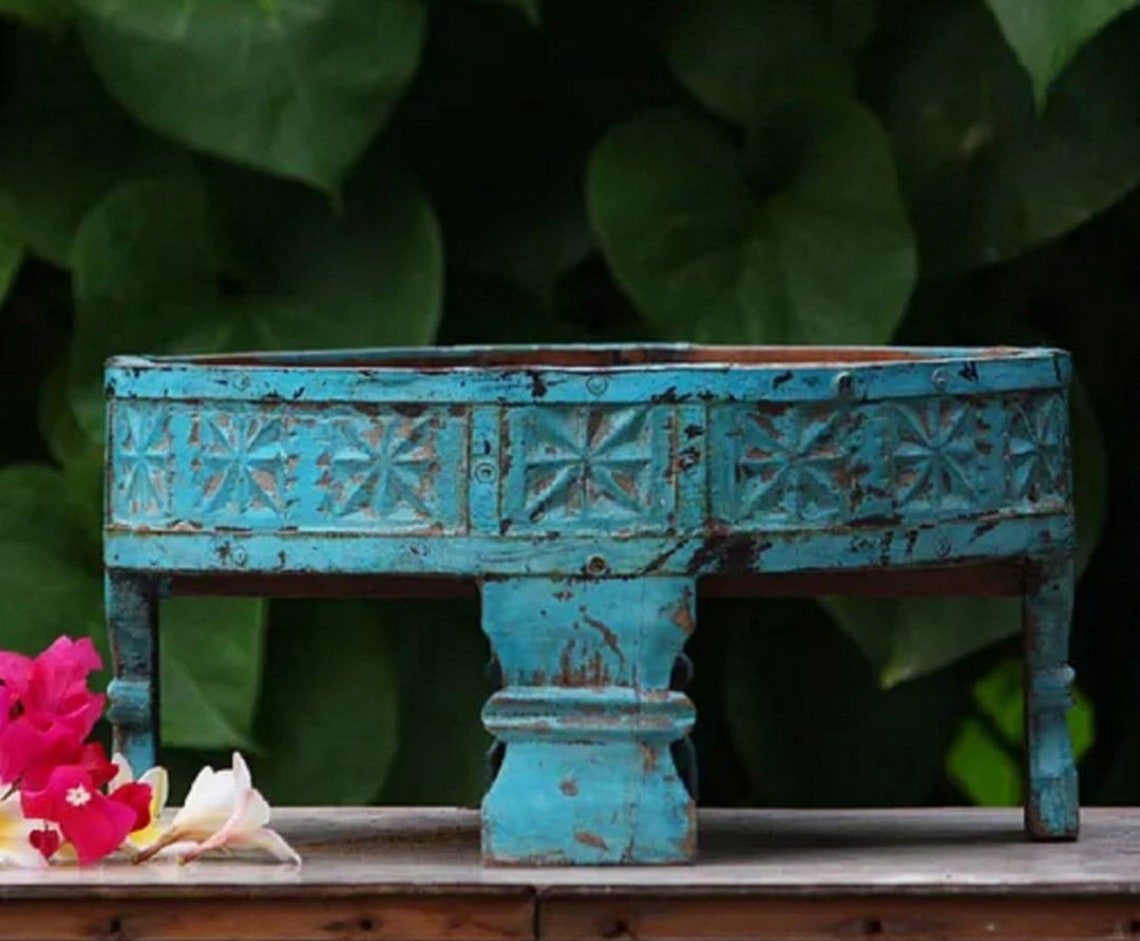 Wooden Indian Chakki Grinder Table Engraved Distressed - Etsy