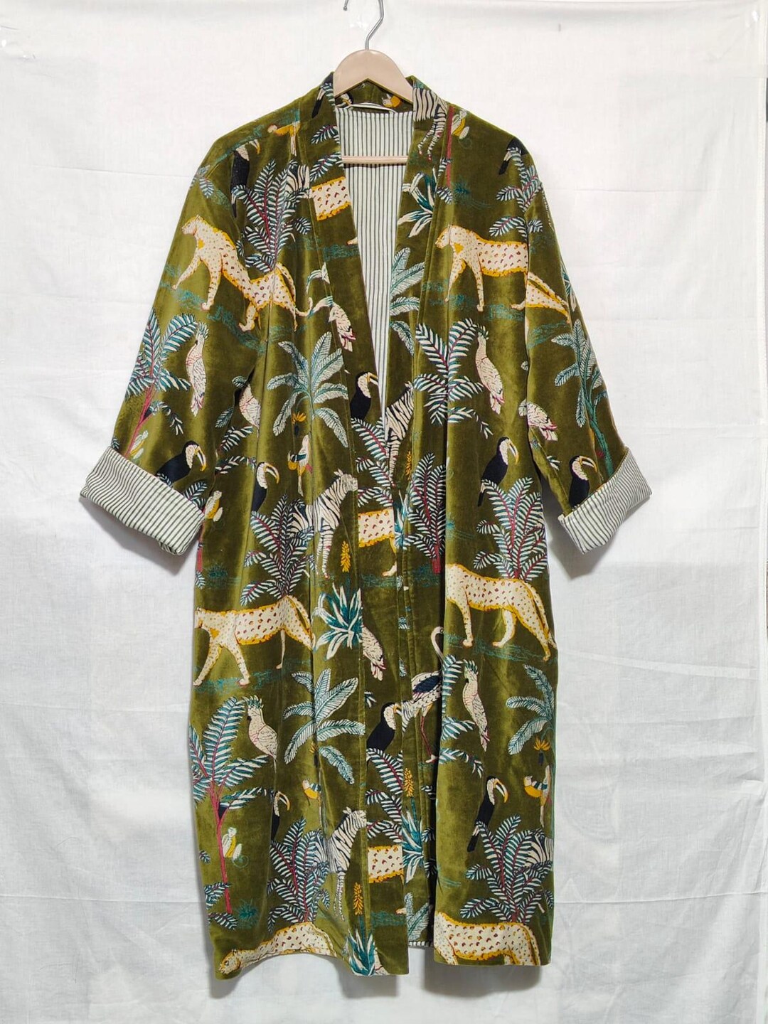 Jungle Safari and Bird Print Velvet Kimono Robes,morning Tea Velvet ...