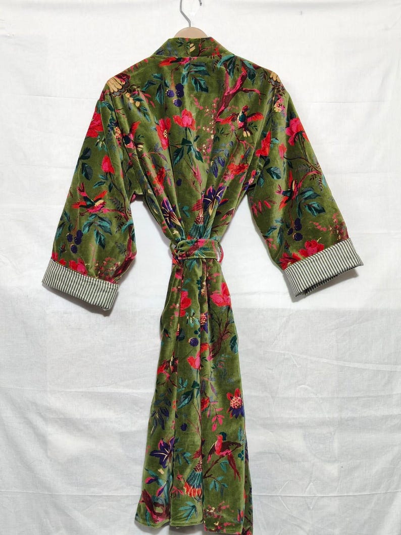 Green Bird Print Velvet Kimono Robes, Morning Tea Velvet Coat ...