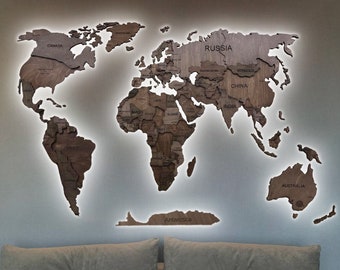3D Wood World Map, Large Wall Art, Wooden Map Wall, Wooden Wall Atlas ...