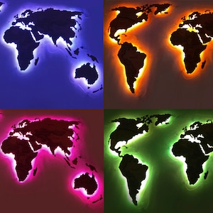 3D World Map With Leds, Wooden Wall Map of the World, 3D Natural Wood ...