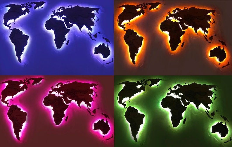 LED Wood World Map, 3D Wooden World Map Wall Art, Backlit World Map ...