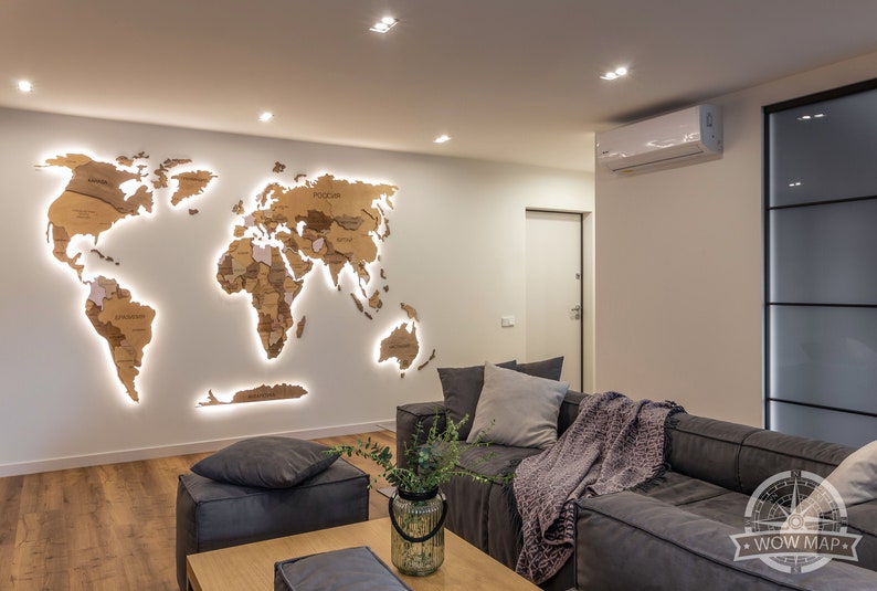 LED Wood World Map, 3D Wooden World Map Wall Art, Backlit World Map ...