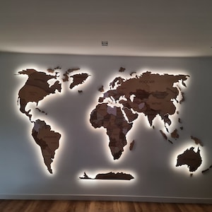 LED Wood World Map, 3D Wooden World Map Wall Art, Backlit World Map ...
