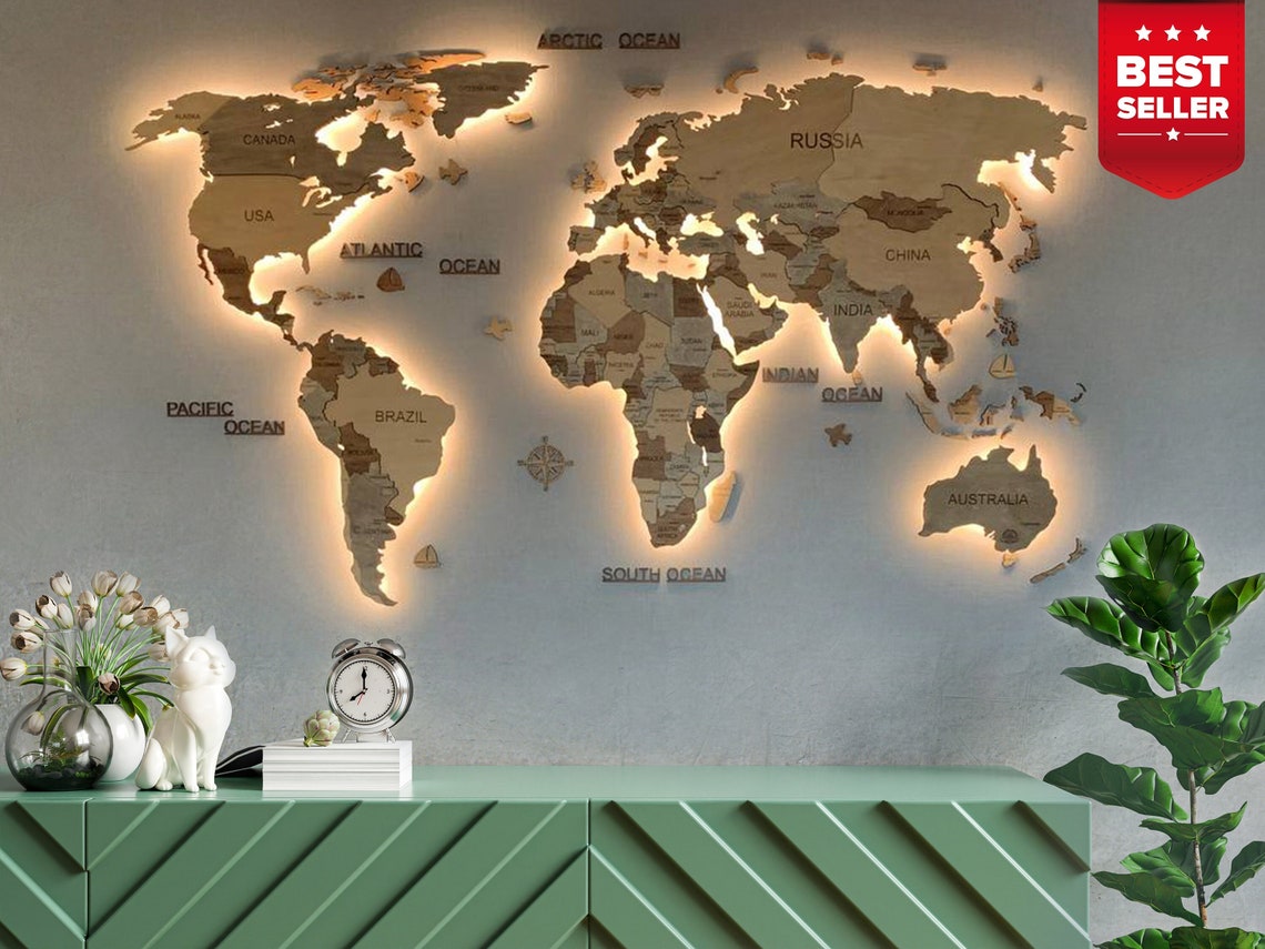 3D Wooden World Map With LED Backlighting, Wood Wall Decor - Etsy